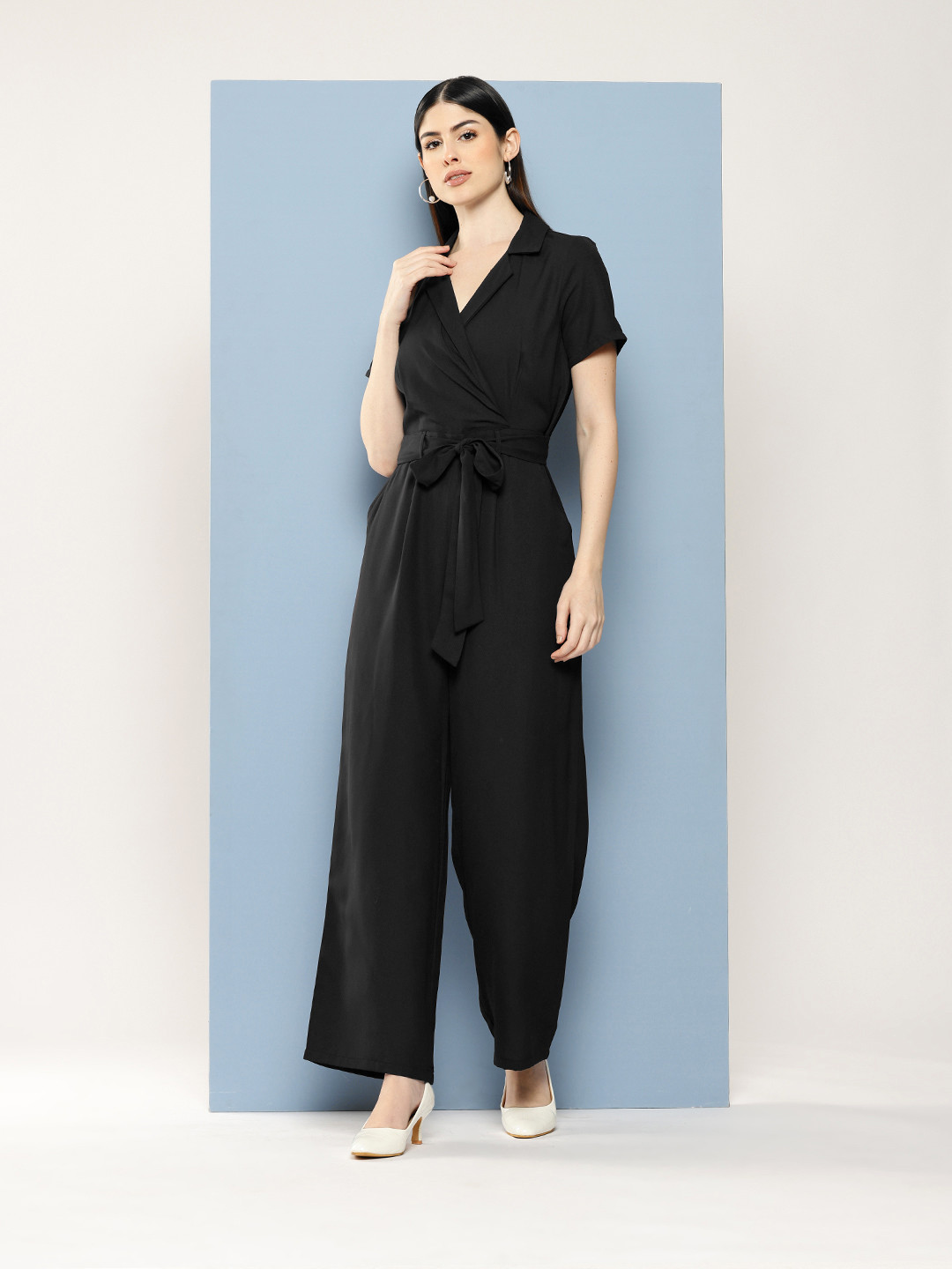 Buy Chemistry Waist Tie Up Notched Lapel Collar Basic Jumpsuit ...