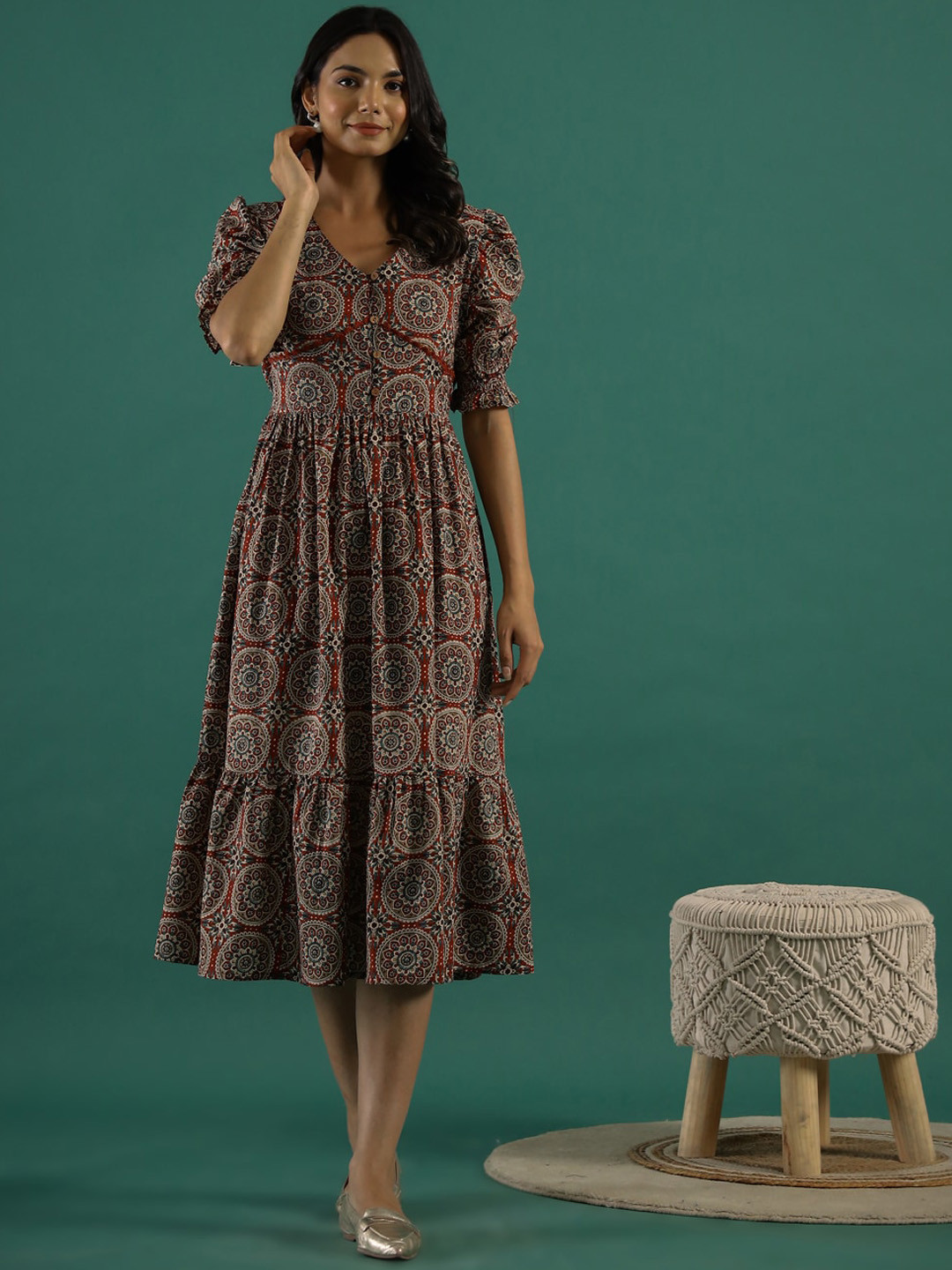 Buy SANSKRUTIHOMES Ethnic Motifs Printed Gathered Tiered Cotton Fit ...