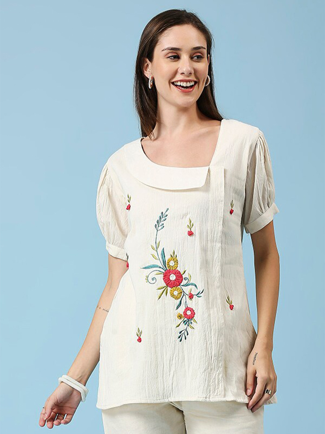 Buy YOELLA Organic Cotton Square Neck Embroidered Bohemian Tunic ...