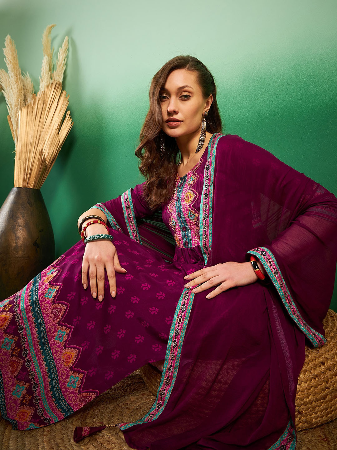 Buy Sangria Ethnic Motifs Printed Mirror Work A Line Kurta With Trouser & Dupatta - Kurta Sets ...