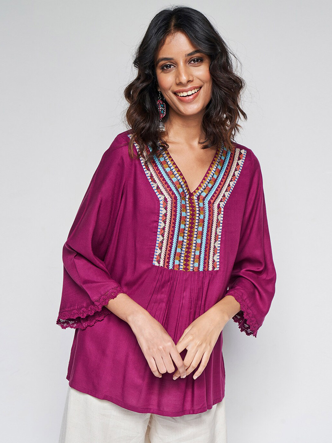 Buy Global Desi Ethnic Motifs V Neck Embellished Gathered Or Pleated ...