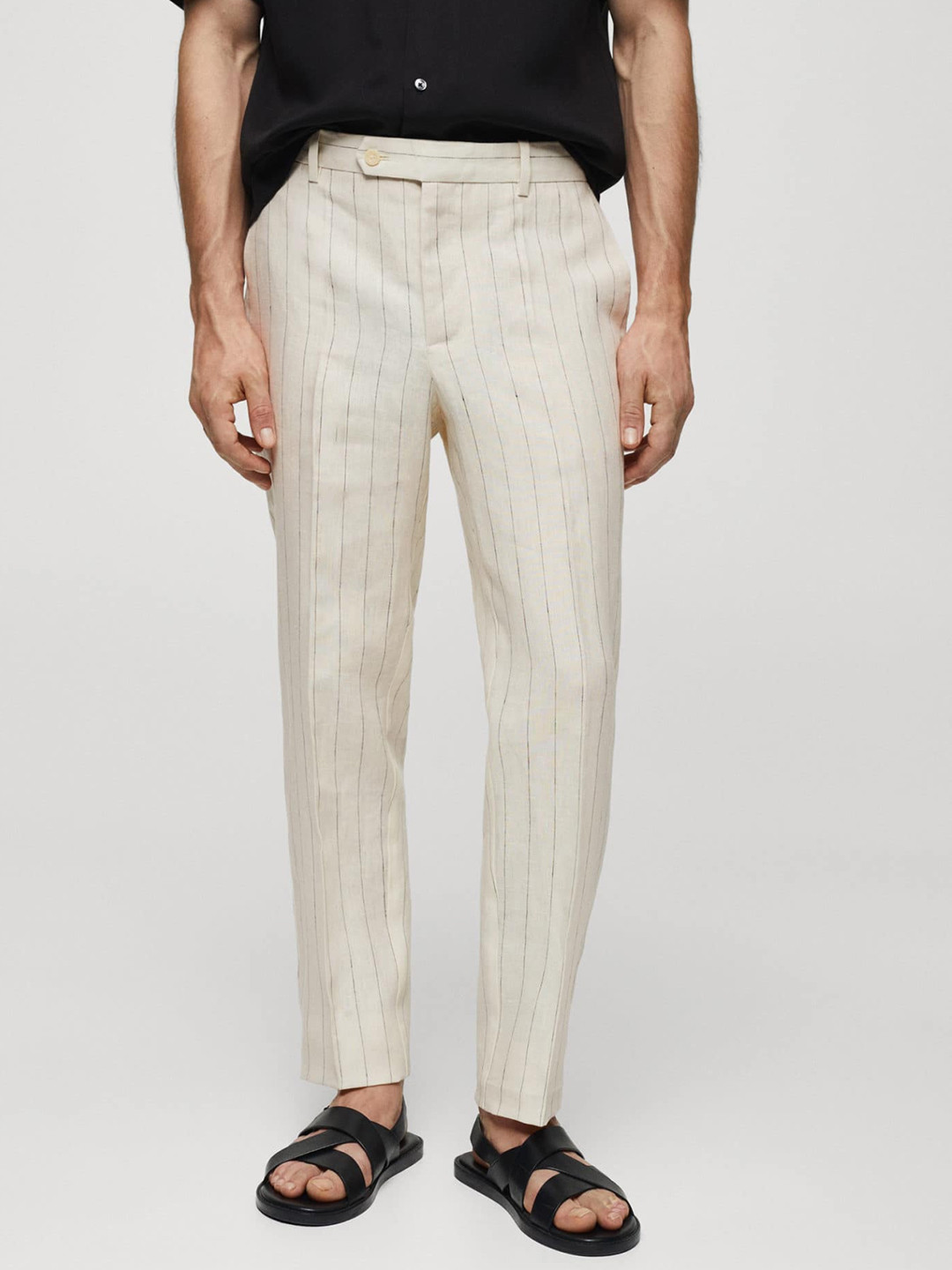 Buy MANGO MAN Regular Fit Striped Linen Trousers - Trousers for Men ...