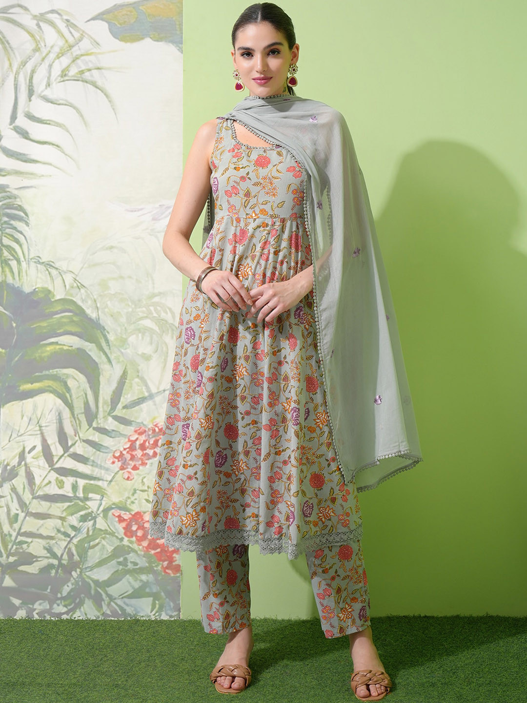 Buy Vishudh Grey Floral Printed Regular Pure Cotton A Line Kurta With ...