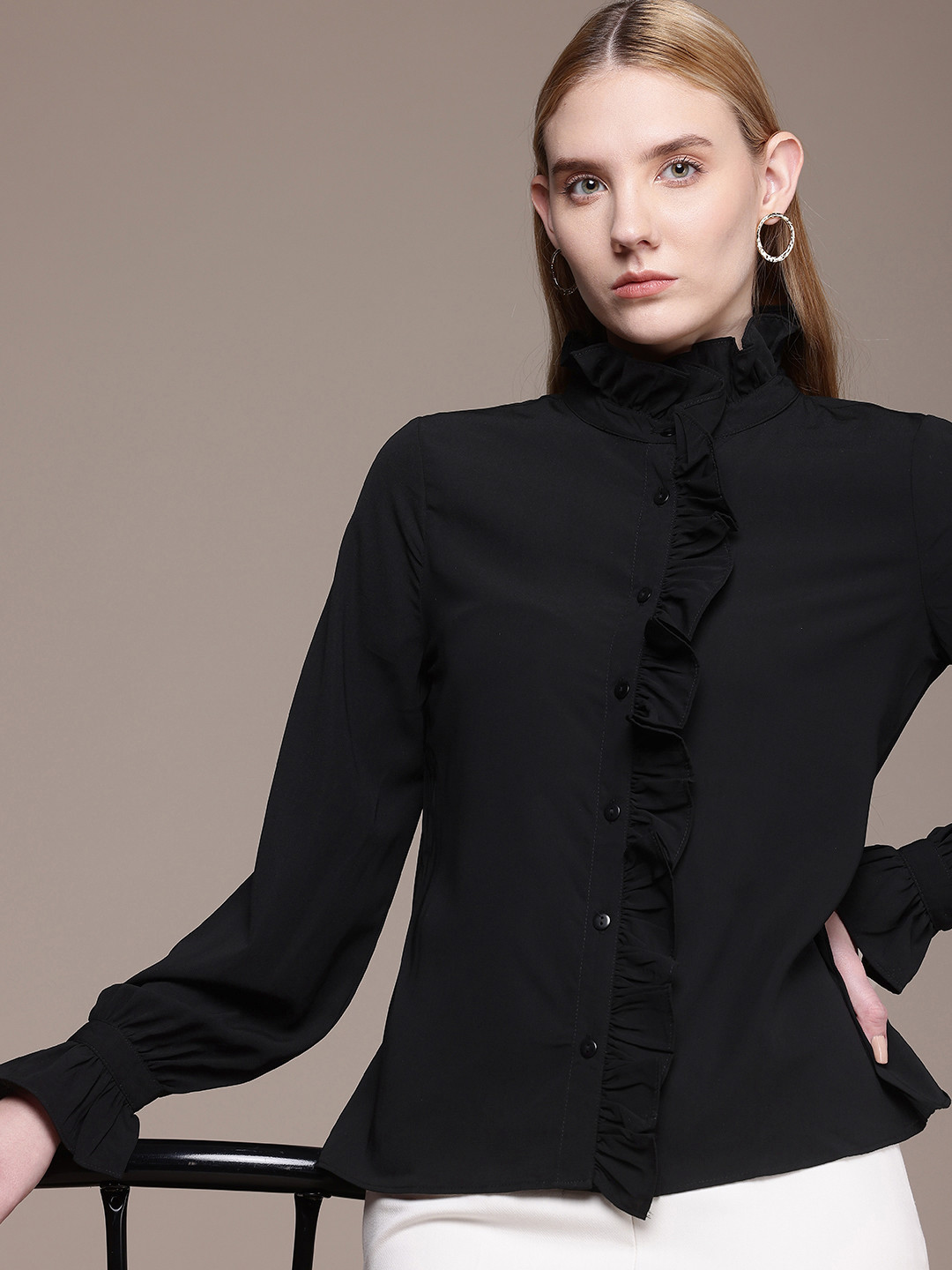 Buy French Connection Mandarin Collar Bell Sleeve Ruffles Shirt Style ...