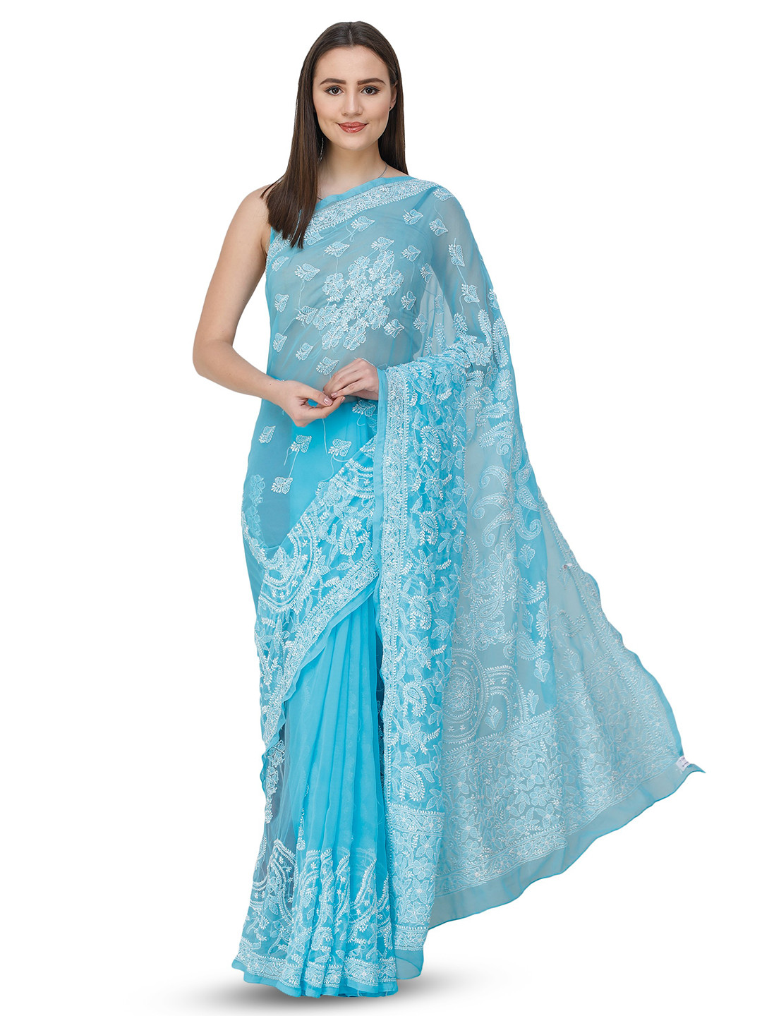 Buy Exotic India Georgette Chikan Hand Embroidery River Blue Saree ...