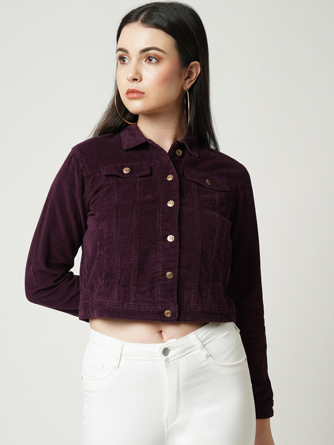 Buy Kraus Jeans Washed Spread Collar Pure Cotton Crop Denim Jacket ...