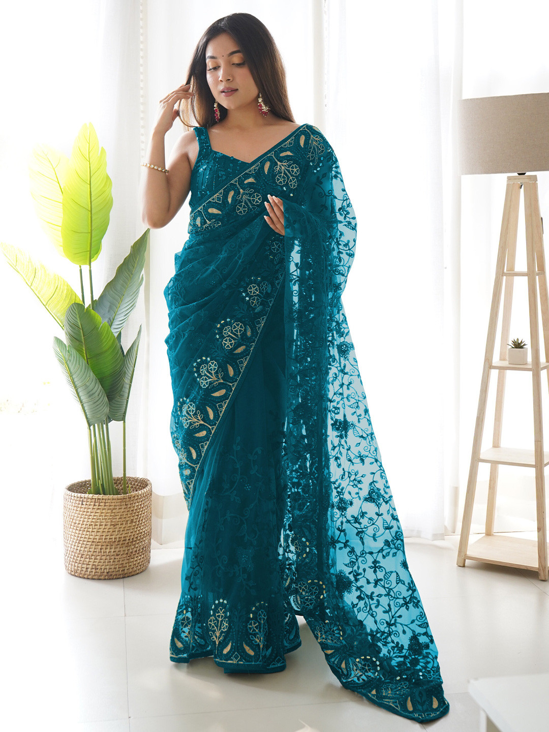 Buy RV CREATION Embellished Mirror Work Net Saree - Sarees for Women ...