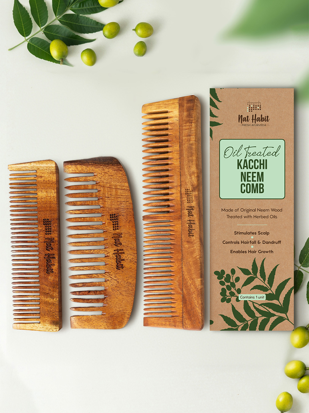 Buy Nat Habit 3Pcs Kacchi Neem Dual + Bounce + Pocket Wooden Teeth Comb ...