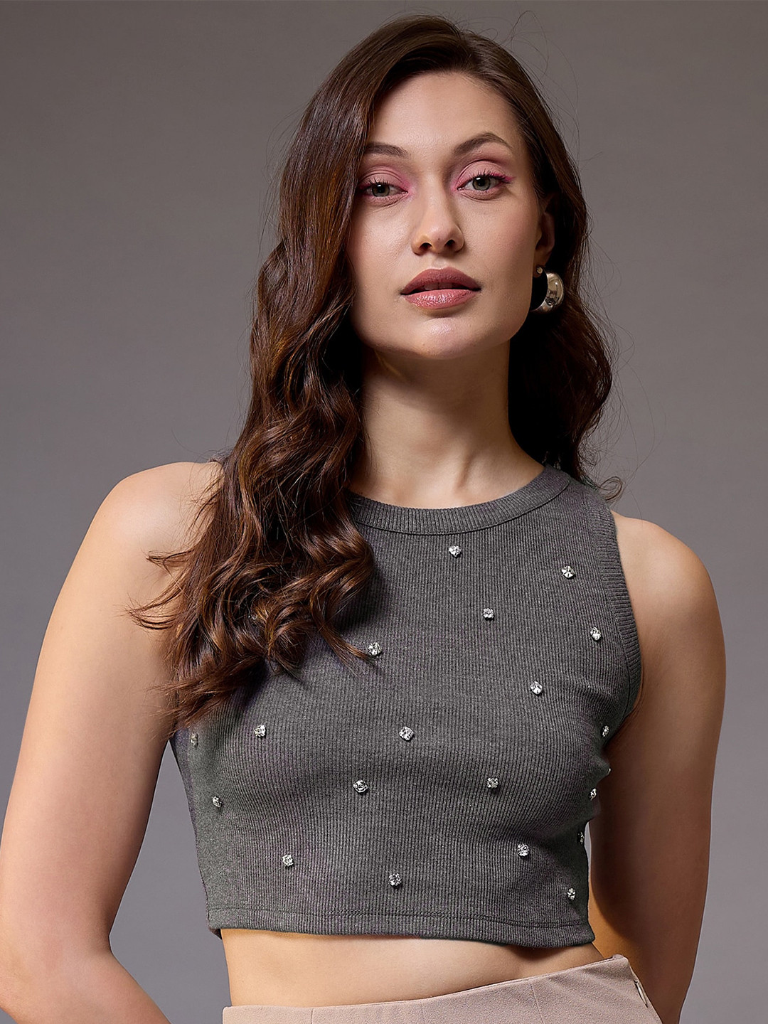 Buy STYLECAST X KASSUALLY Women Embellished Round Neck Sleeveless Crop Top - Tops for Women ...