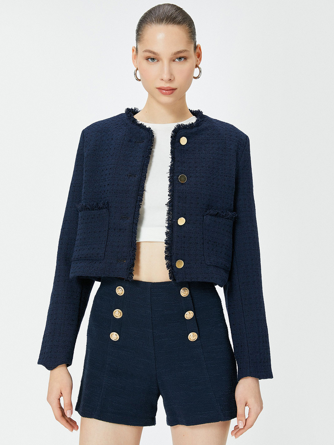 Buy Koton Self Design Round Neck Crop Tailored Jacket - Jackets for ...