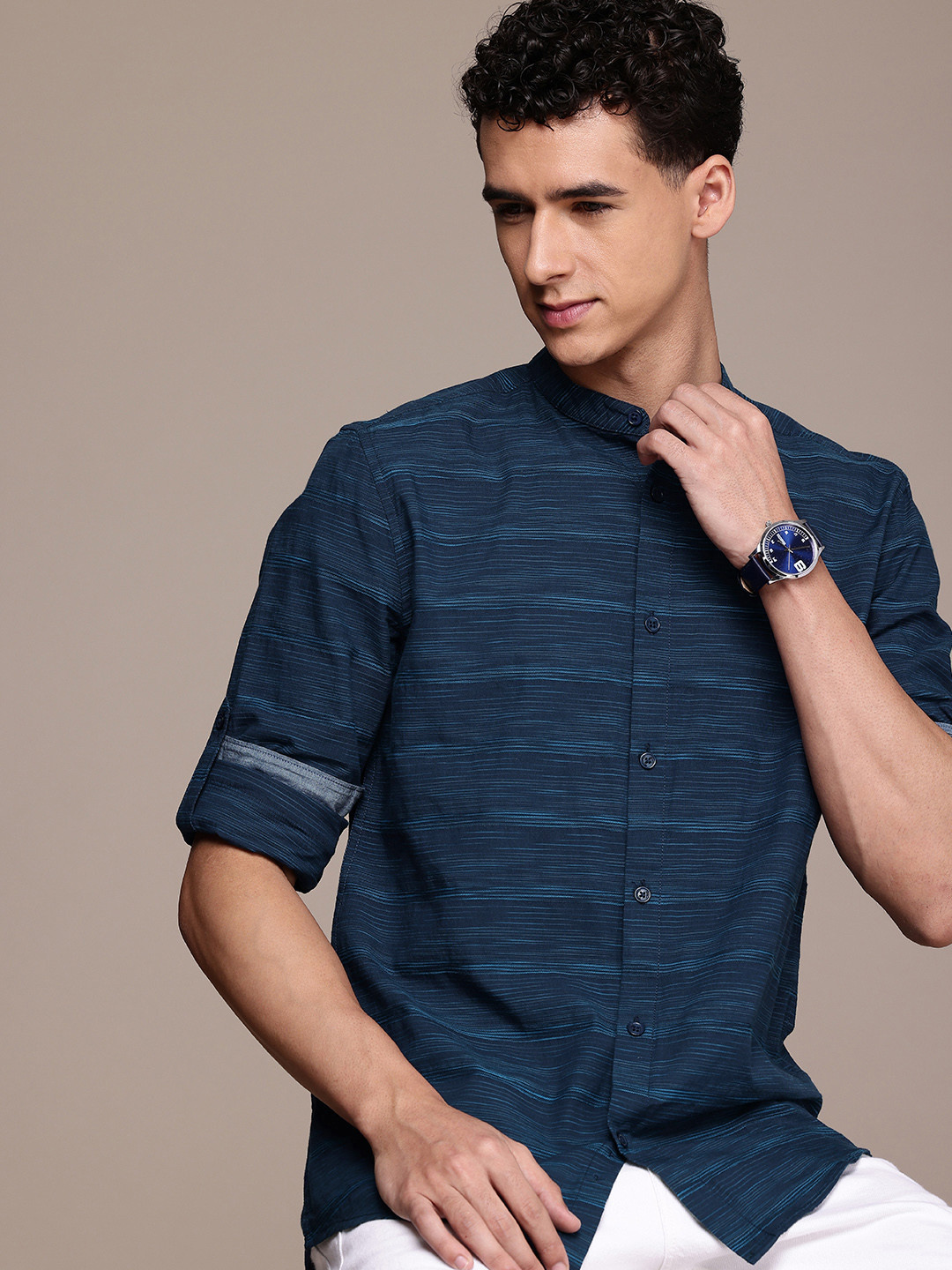 Buy French Connection Slim Fit Self Striped Roll Up Sleeves Pure Cotton ...