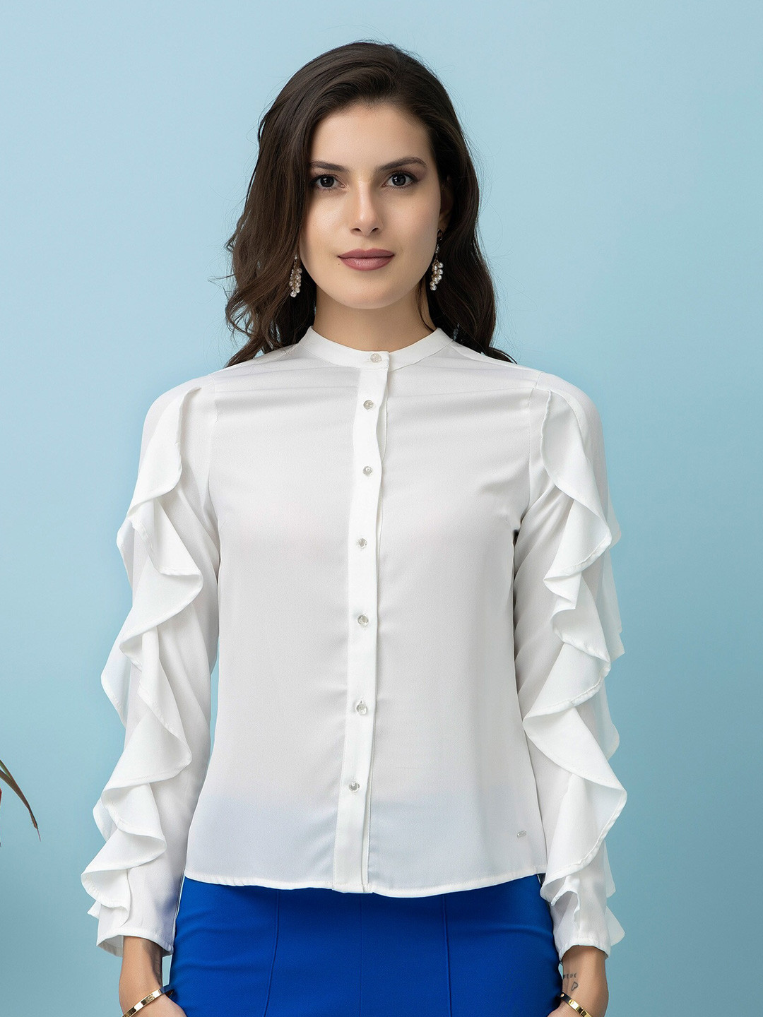 Buy Beatnik High Neck Ruffled Fitted Crepe Top - Tops for Women ...