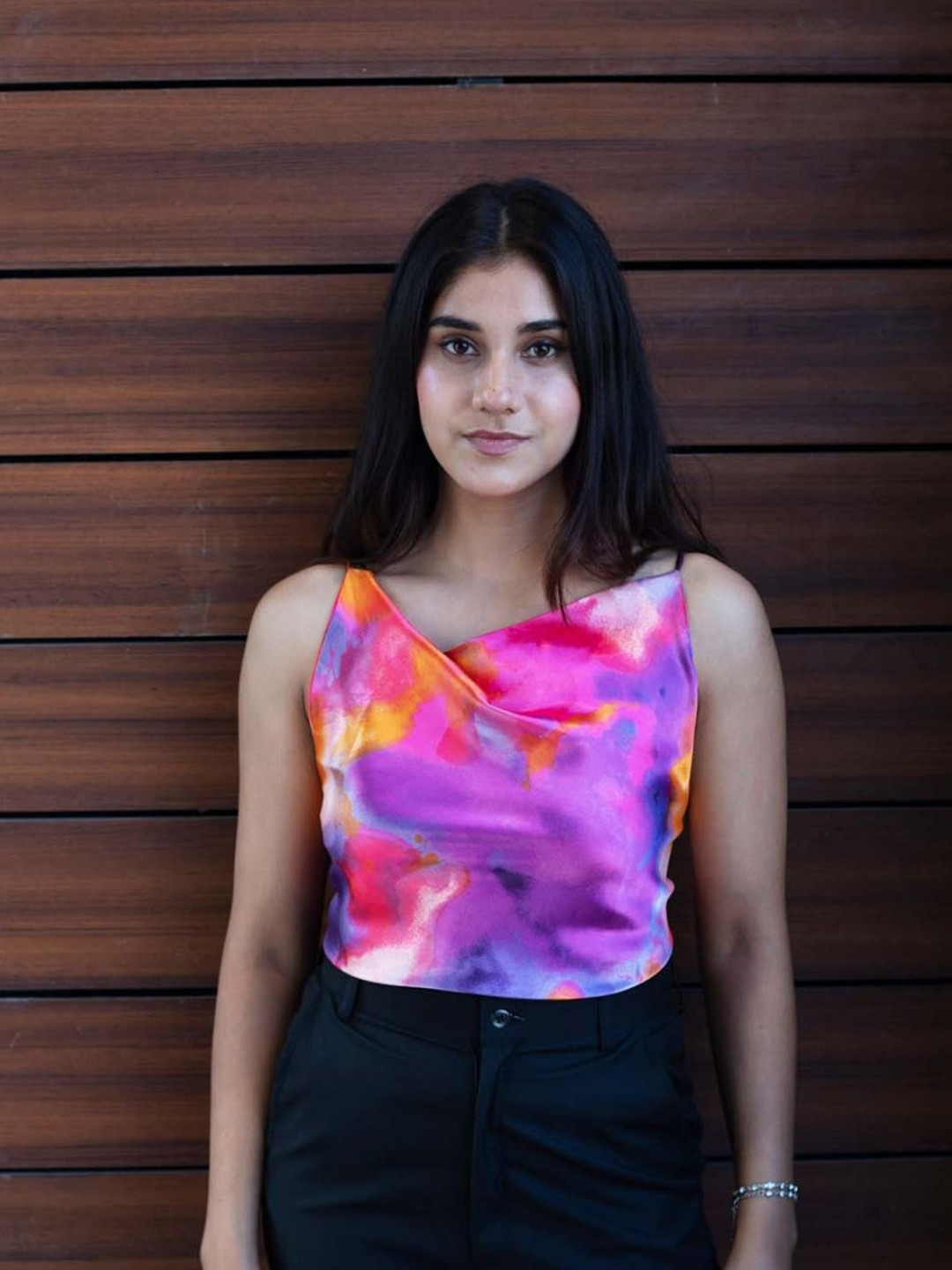 Buy HEY MISSY Tie & Dye Print Cowl Neck Sleeveless Satin Top - Tops for ...
