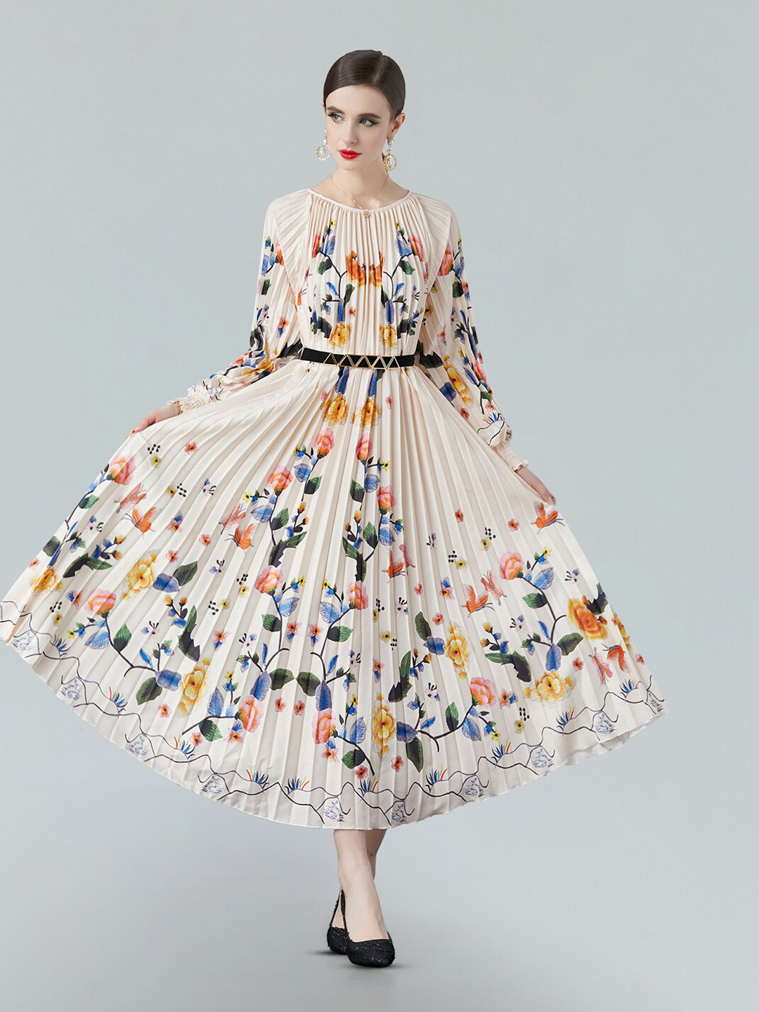 Buy JC Collection Floral Printed Cuffed Sleeves Accordion Pleats A Line ...