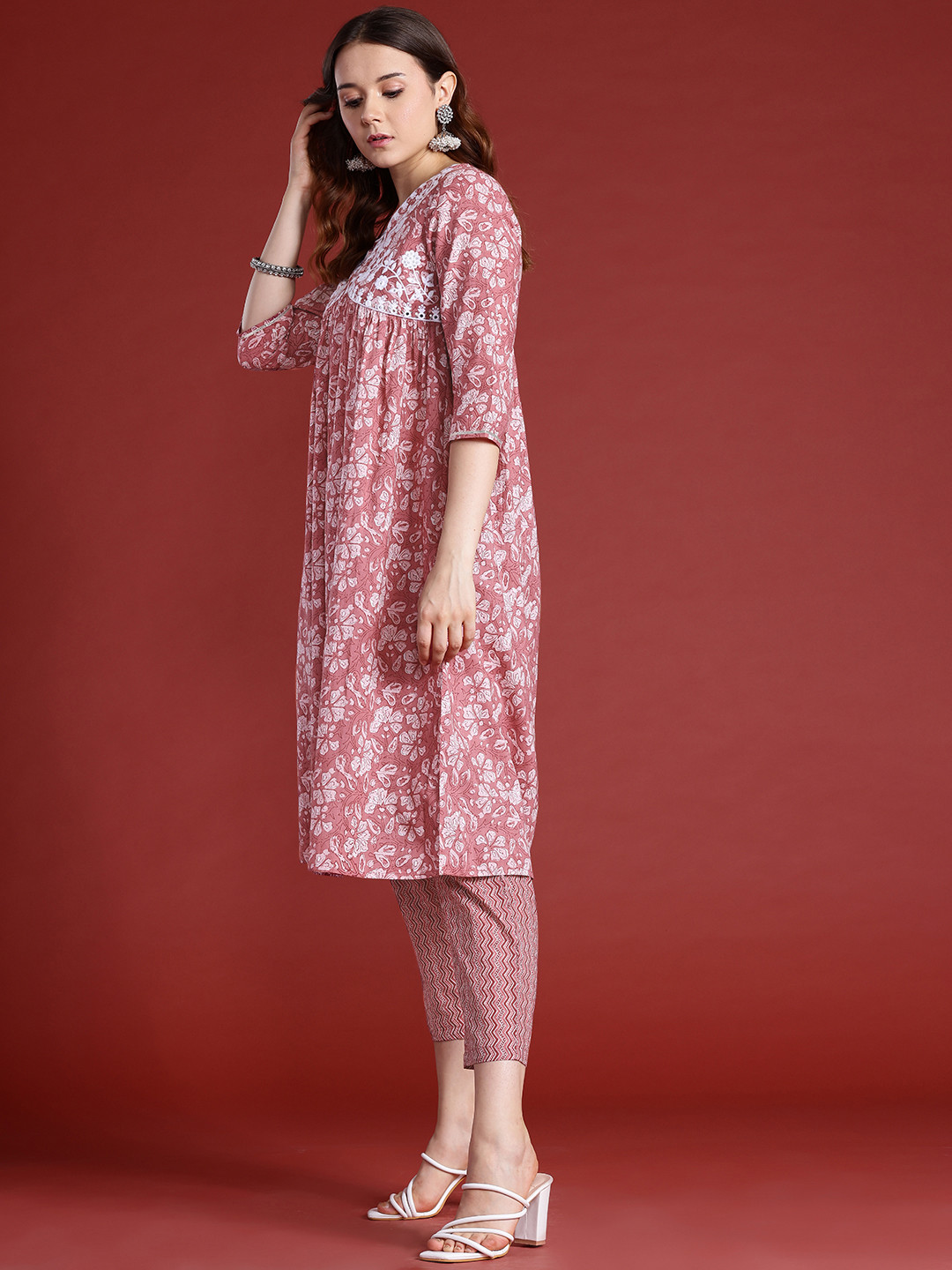 Buy Anouk Printed Pleated Mirror Work Detail Pure Cotton Kurta Set ...