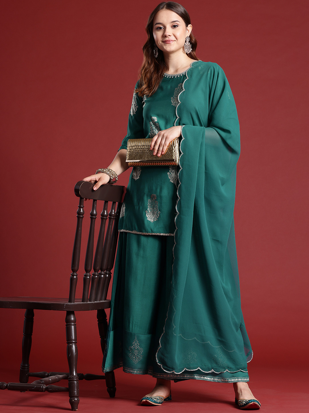 Buy Anouk Ethnic Printed Kurti With Palazzos & Dupatta - Kurta Sets for ...