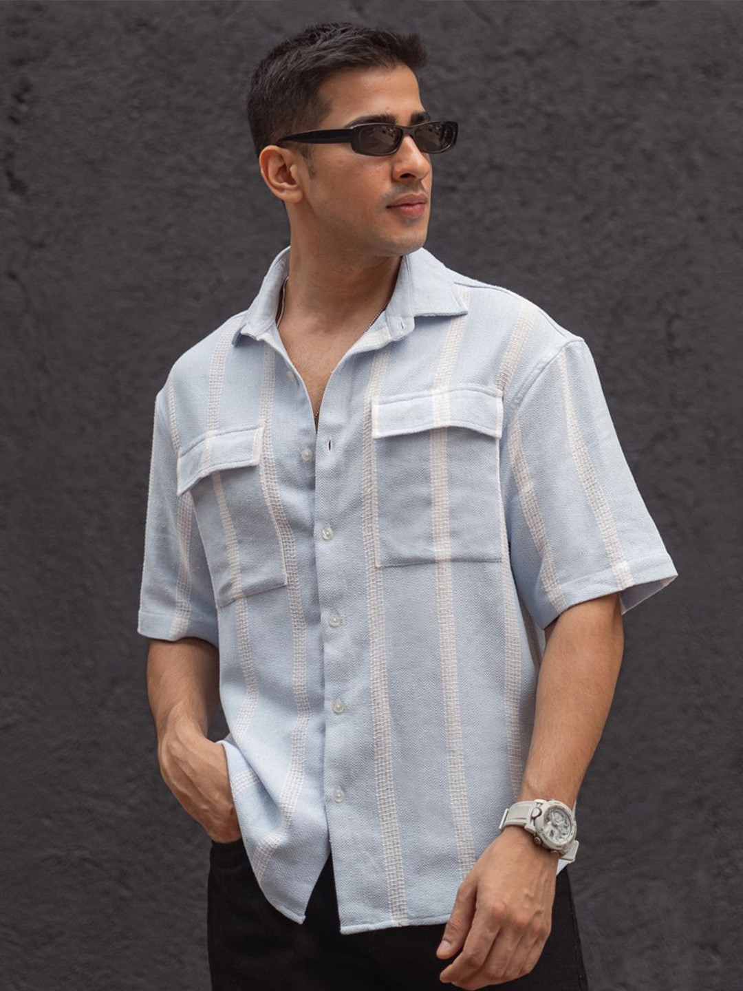 Buy Powerlook Blue & White Structured Striped Oversized Casual Shirt ...