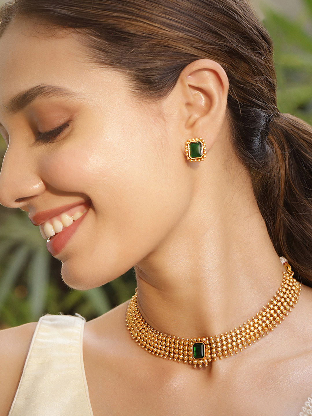 Buy Rubans 22K Gold Plated Emerald Green Stone Studded Choker Necklace Set With Gold Beads ...