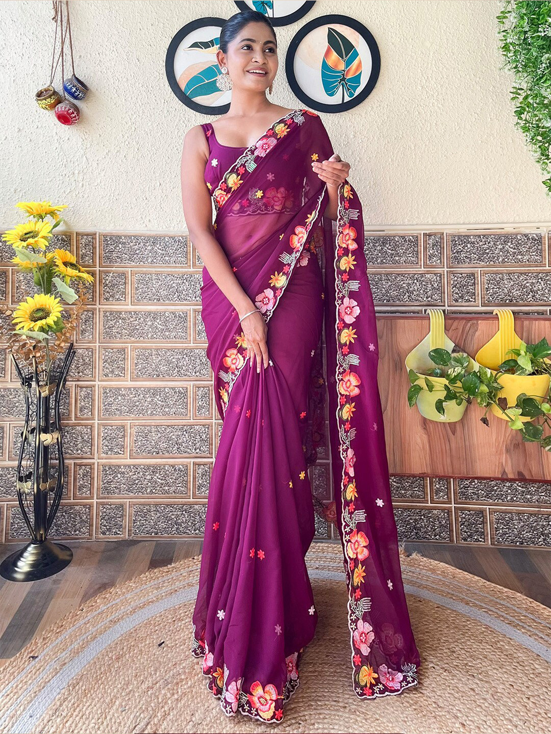 Buy Mitera Floral Embroidered Poly Georgette Designer Saree - Sarees ...