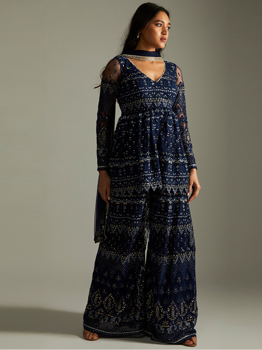 Buy Renee Label Ethnic Motifs Embroidered V Neck Thread Work Kurti With Sharara & Dupatta ...