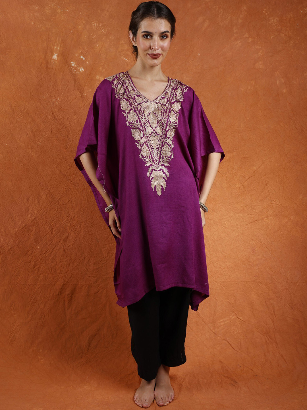Buy Exotic India Pure Wool Kashmiri Short Kaftan With Tilla Embroidery ...