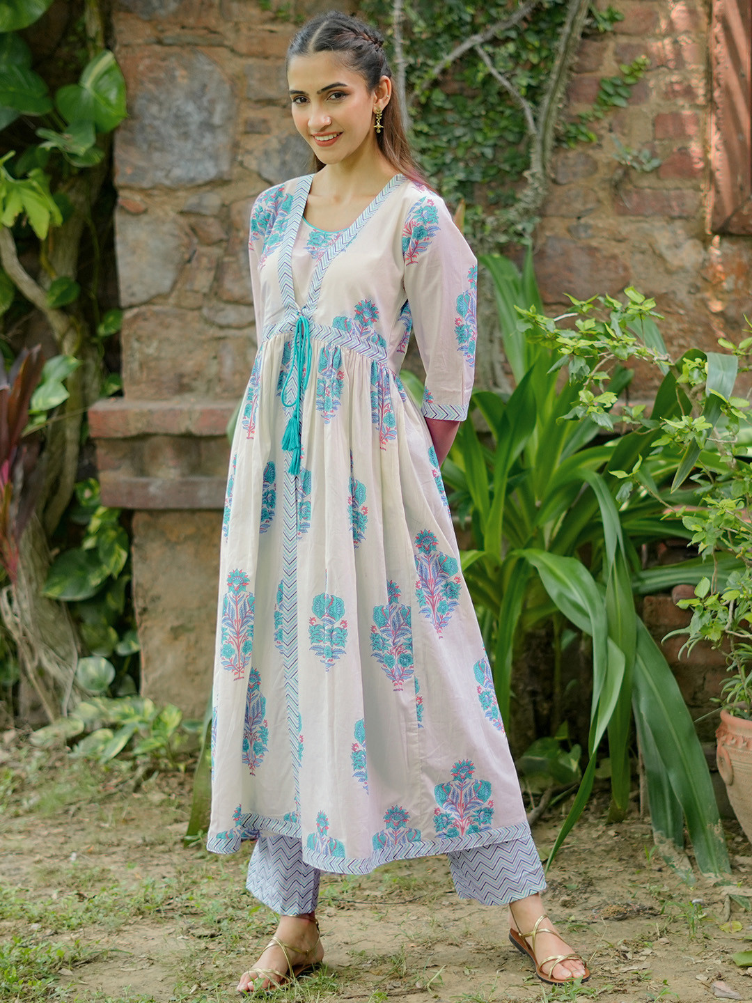 Buy Libas Square Neck Floral Printed Pleated Pure Cotton A Line Kurta ...
