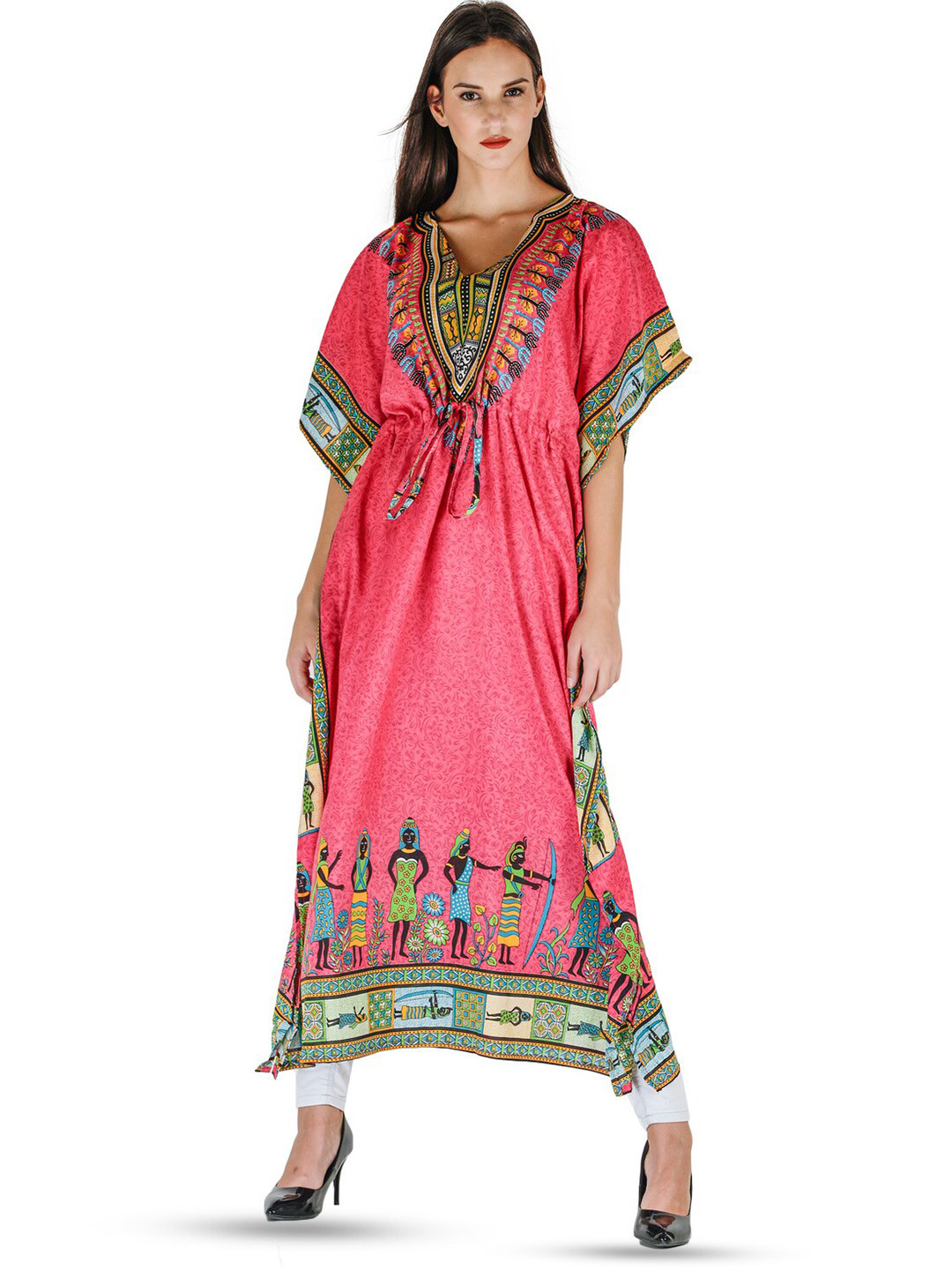 Buy Exotic India Raspberry Sorbet Kaftan With African Printed Village ...