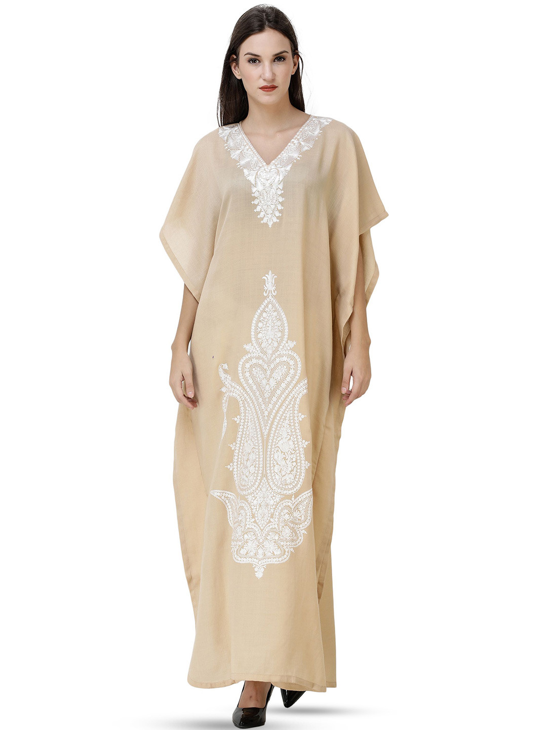 Buy Exotic India Almond Buff Pure Wool Kashmiri Kaftan With Aari ...