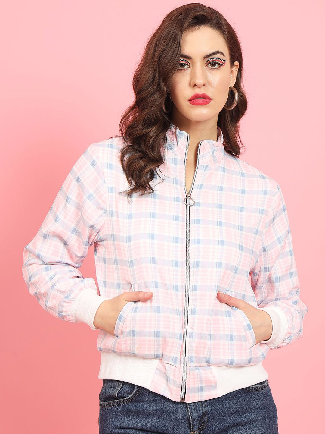 Buy TANDUL Women Geometric Checked Lightweight Crop Open Front Jacket ...