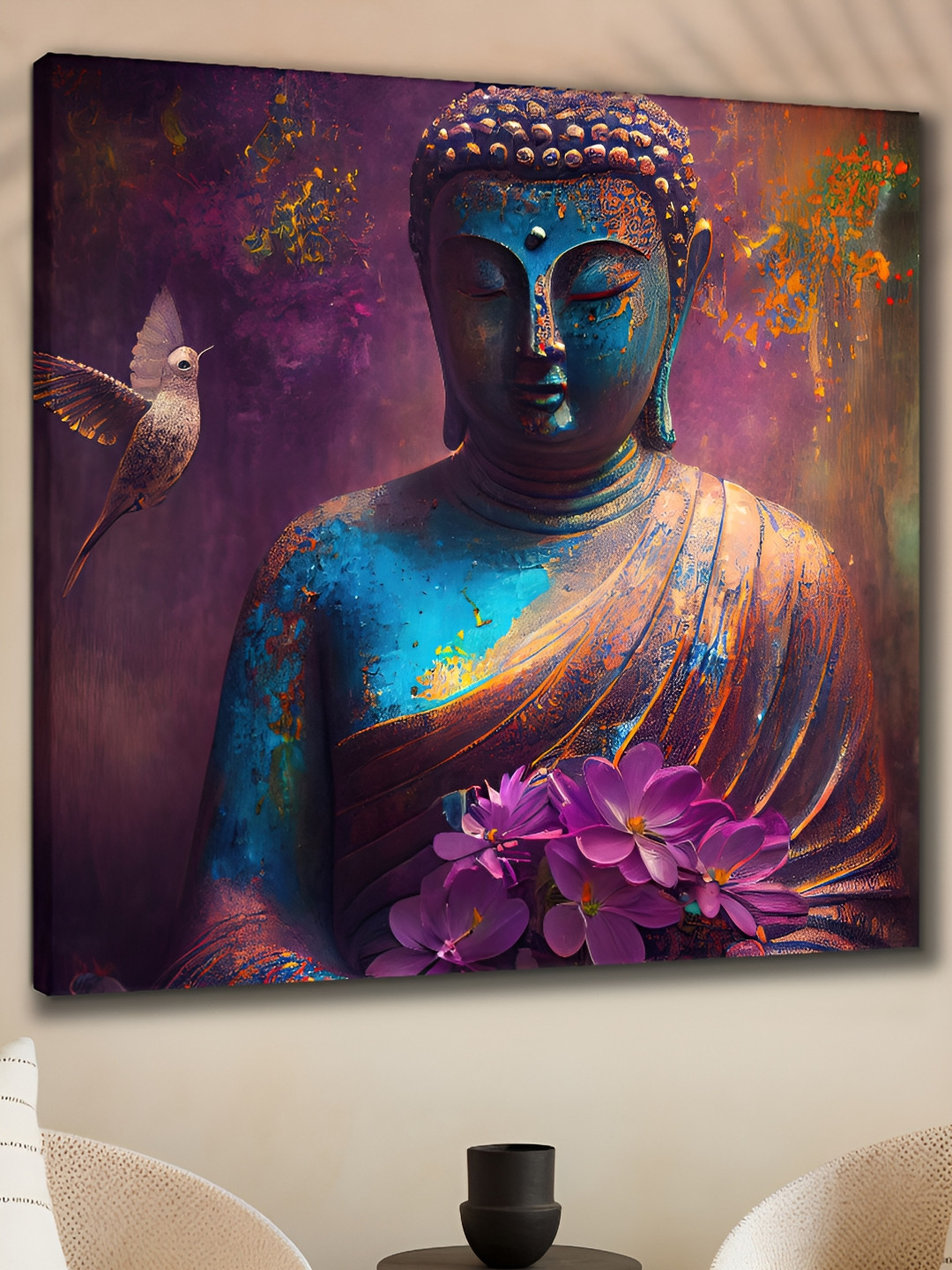 Buy Aura Blue & Purple Lord Buddha Canvas Religious Wall Painting ...