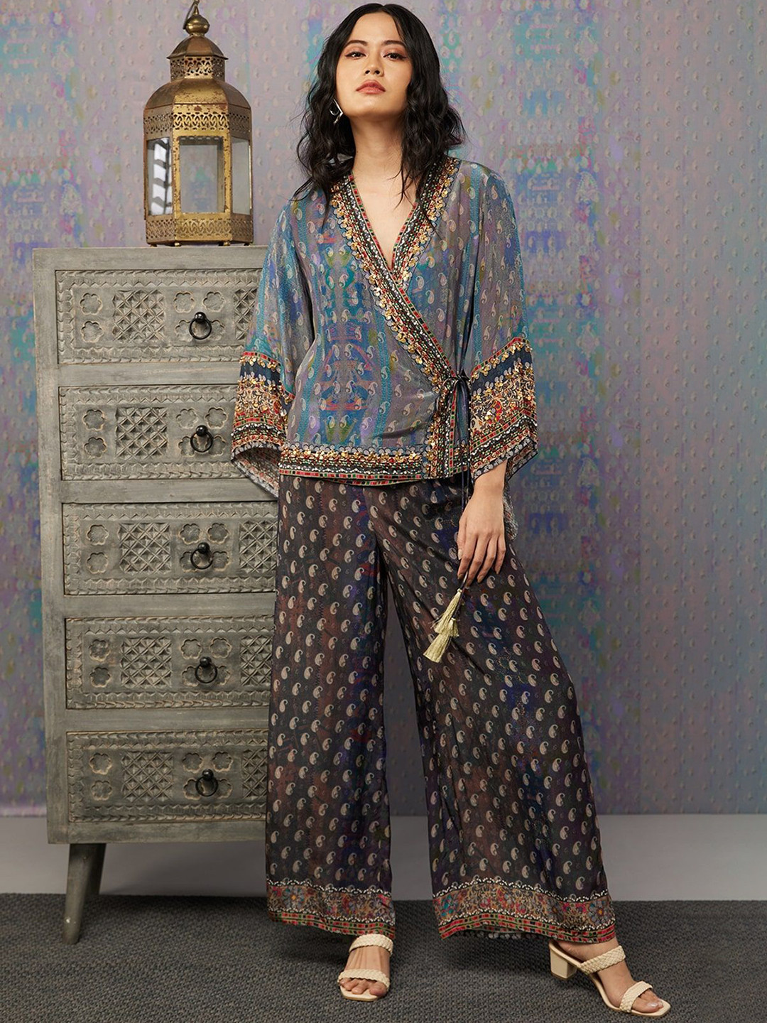 Buy SOUP BY SOUGAT PAUL Embellished V Neck Top With Flared Palazzos Co ...