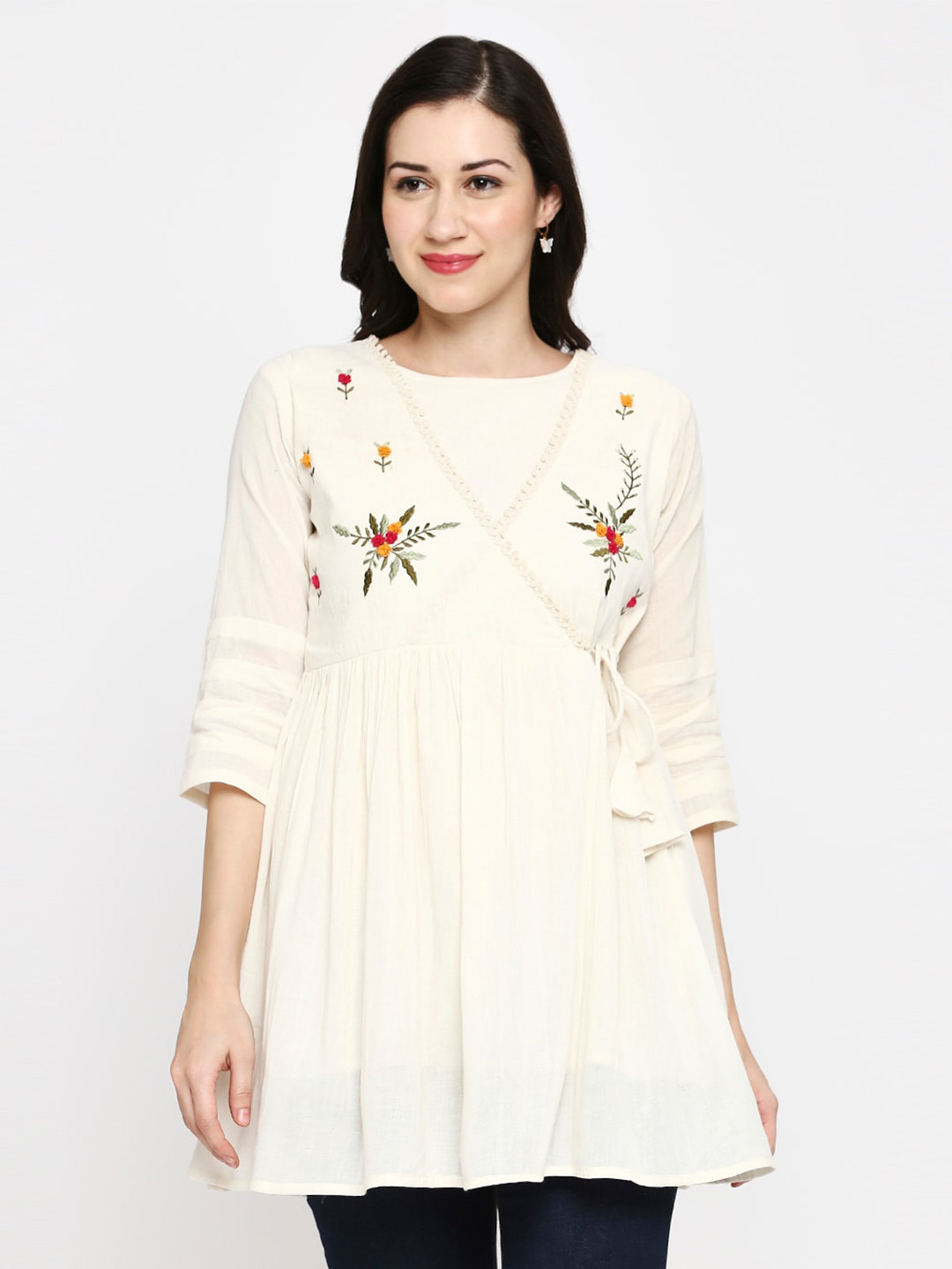 Buy KALINI Floral Embroidered Empire Longline Cotton Top - Tops for ...