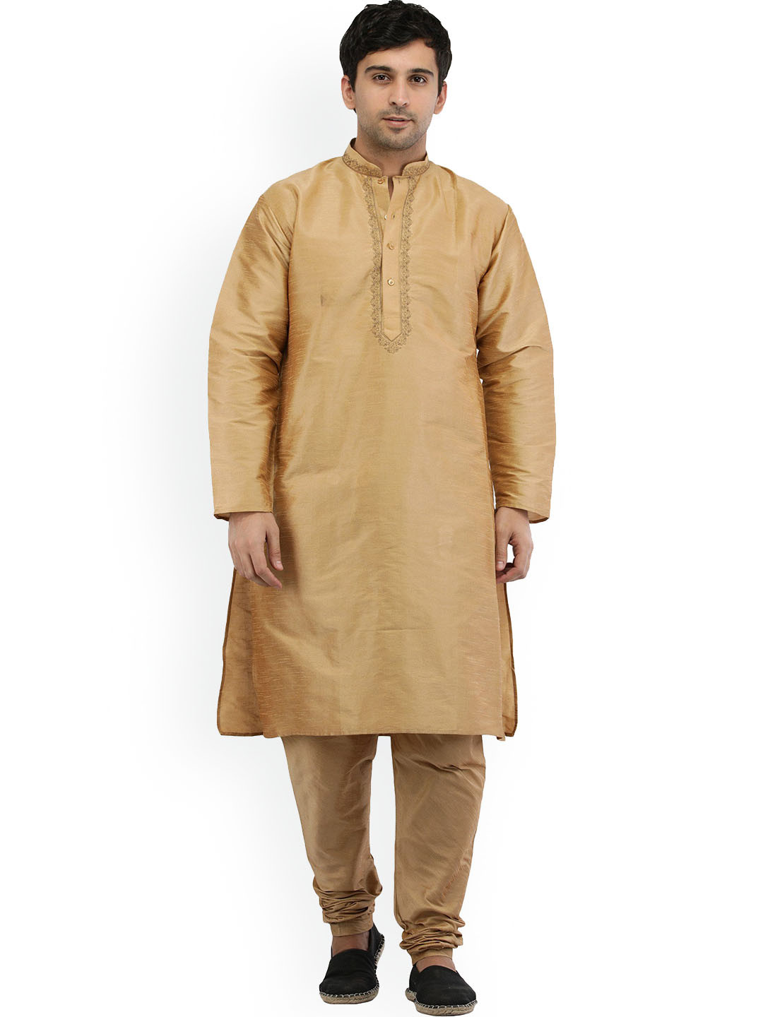 Buy Exotic India Almond Buff Plain Wedding Art Silk Kurta Pajama With ...