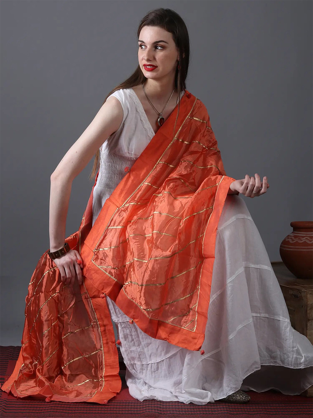 Buy Exotic India Fire Orange Gota Silk Dupatta With Patch Border And ...