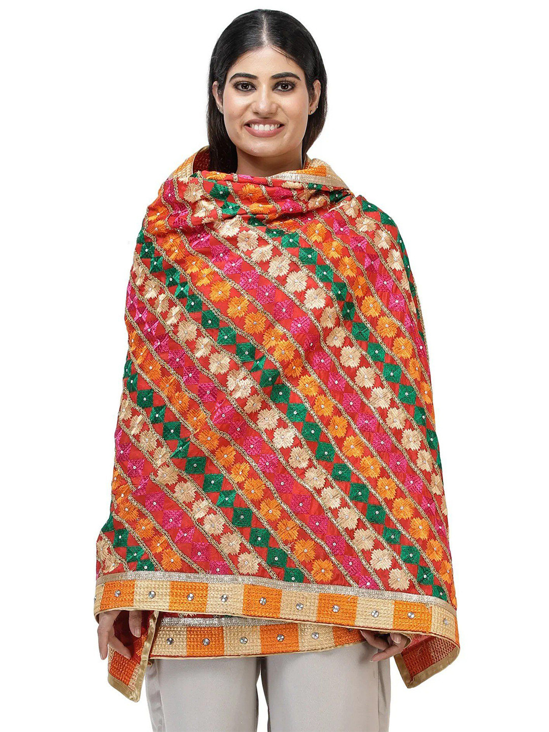 Buy Exotic India Multicolored Traditional Phulkari Silk Dupatta With ...