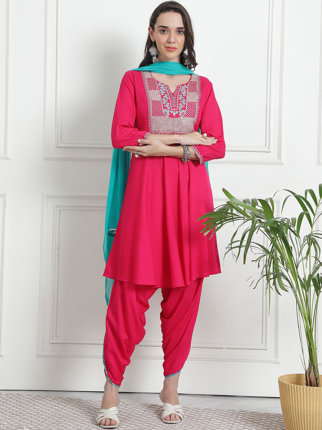Buy KALINI Women Ethnic Motifs Yoke Design Angrakha Kurta With Dhoti ...