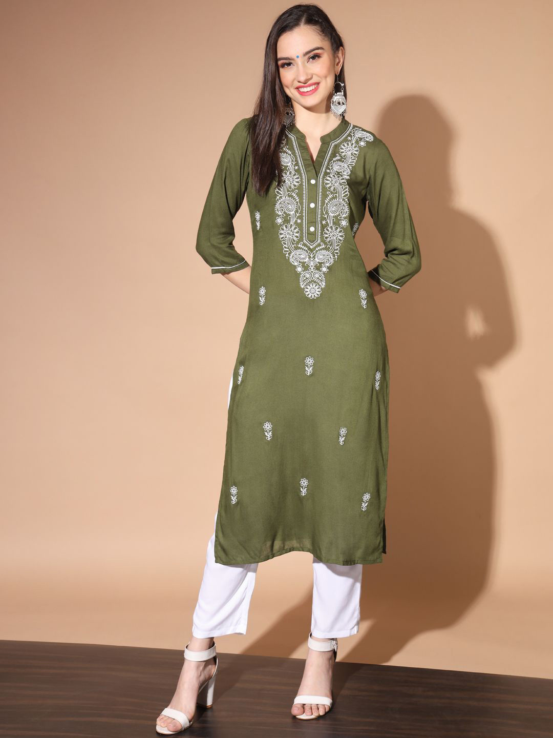 Buy ANGITA Women Ethnic Motifs Embroidered Thread Work Floral Kurta ...