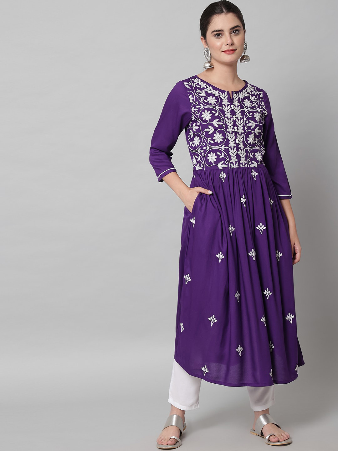 Buy ANGITA Women Ethnic Motifs Embroidered Thread Work Floral Anarkali ...