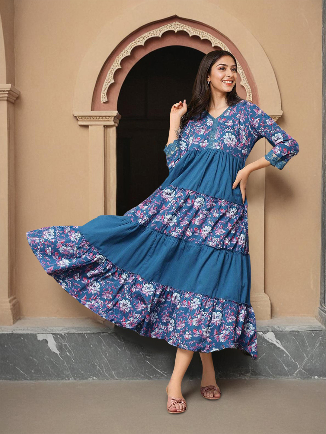 Buy Ishin Women Floral Print Layered Puff Sleeve Fit & Flare Dress ...