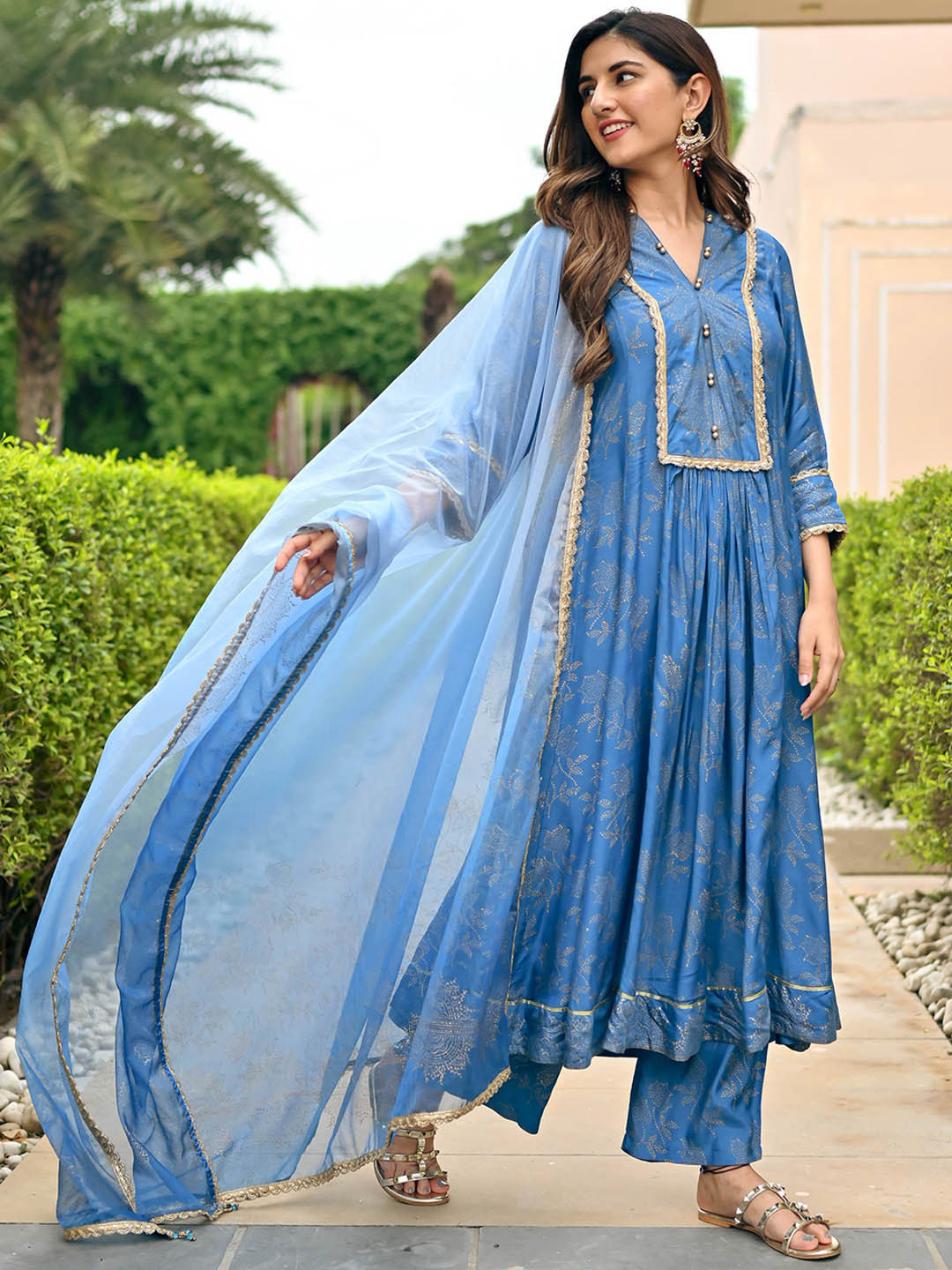Buy Bunaai Women Ethnic Motifs Printed Panelled Kurta With Trousers ...