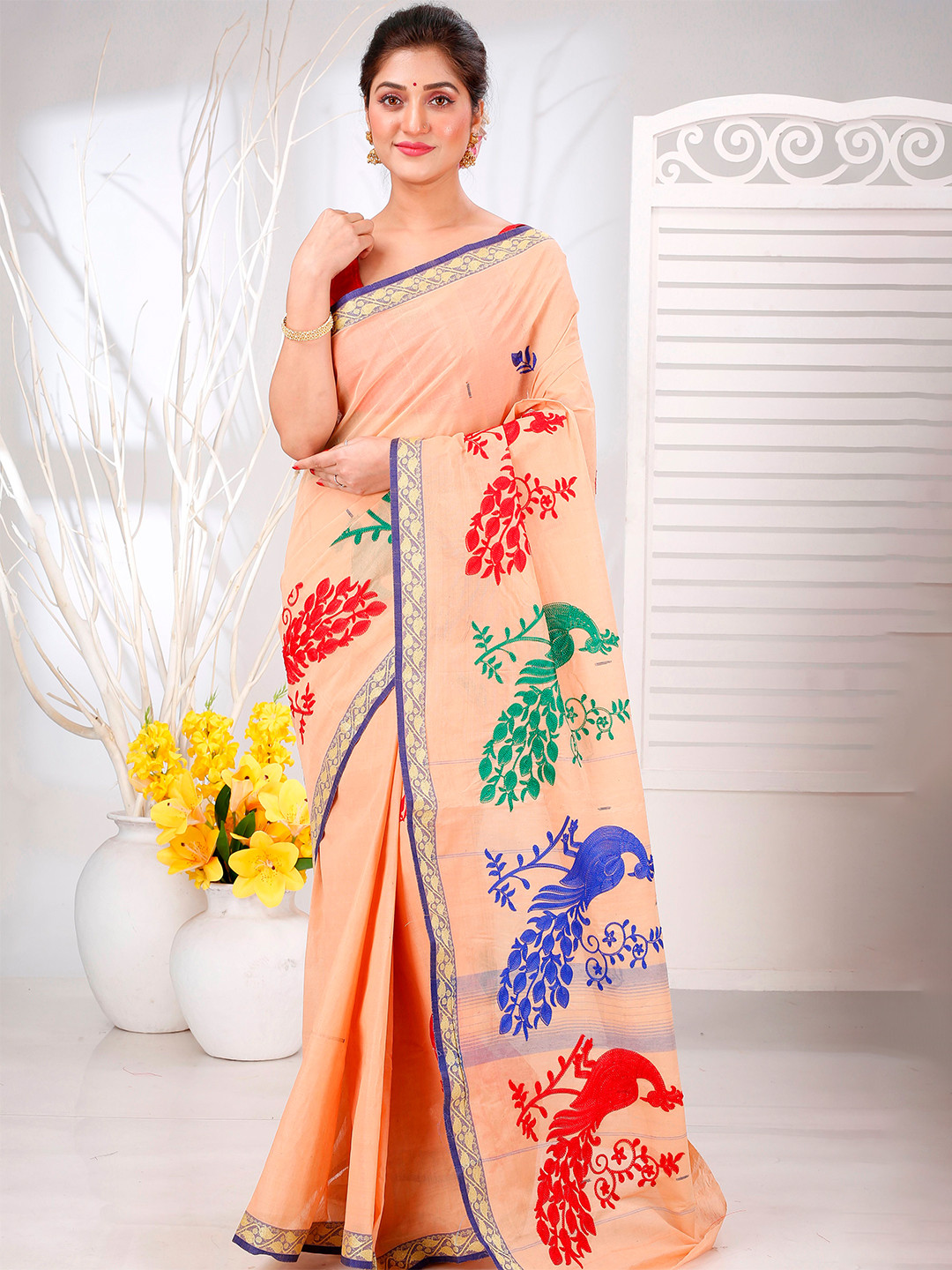 Buy DipDiya Ethnic Motifs Embroidered Pure Cotton Taant Saree - Sarees ...