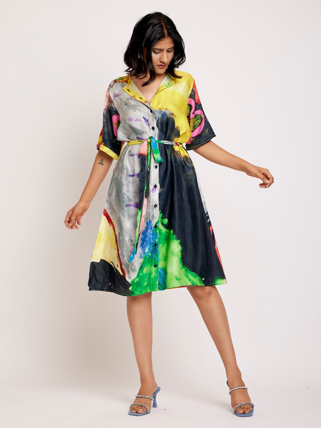 Buy RadhaRaman Print Satin Empire Midi Dress - Dresses for Women ...