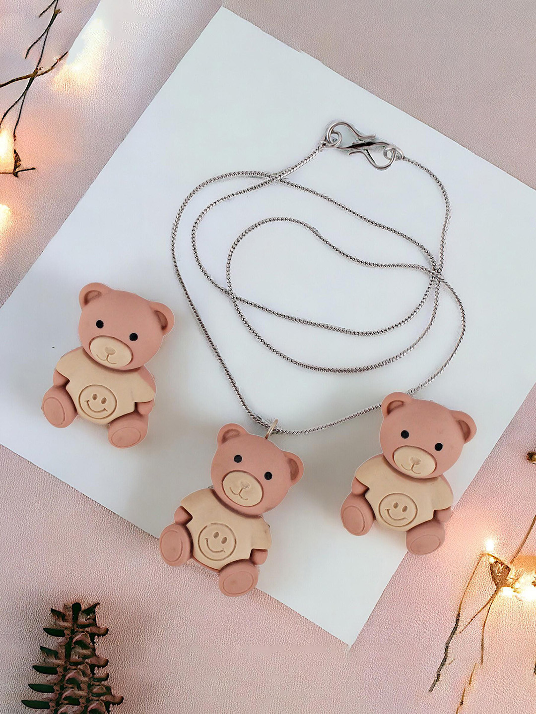 Buy LUCKY JEWELLERY Teddy Bear Pendant Locket Chain With Earrings ...