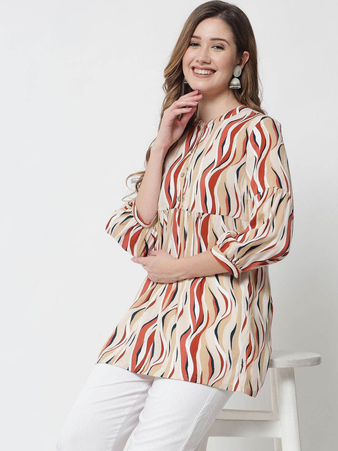 Buy Beatnik Abstract Printed Mandarin Collar Gathered Tunic - Tunics ...