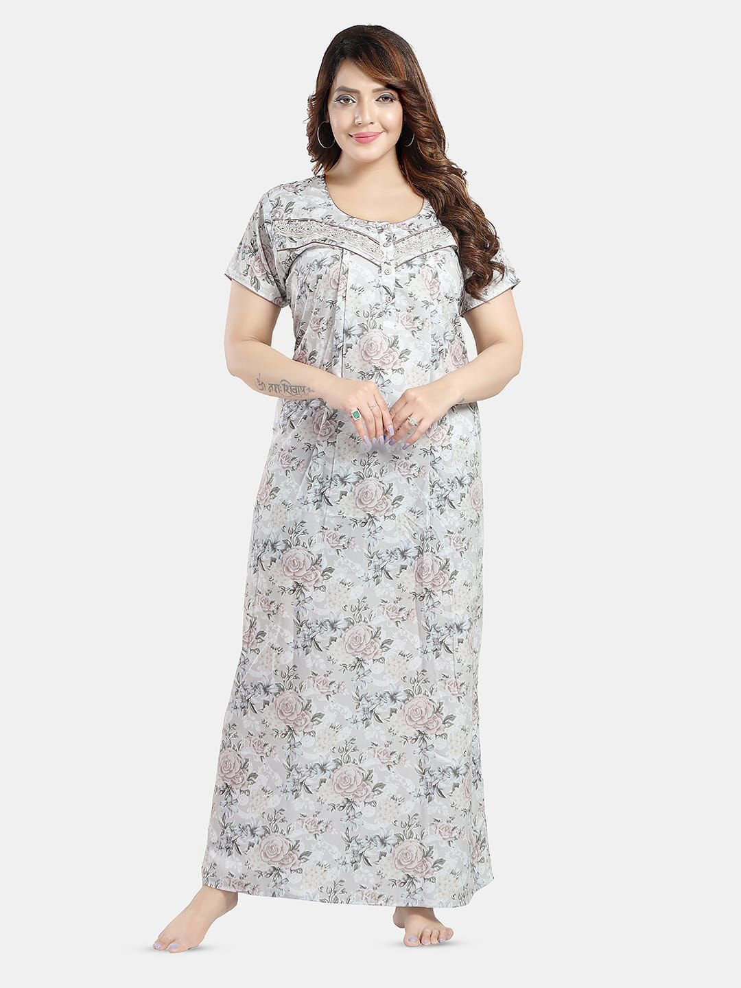 Buy NIGHT QUEEN Floral Printed Maxi Nightdress - Nightdress for Women ...
