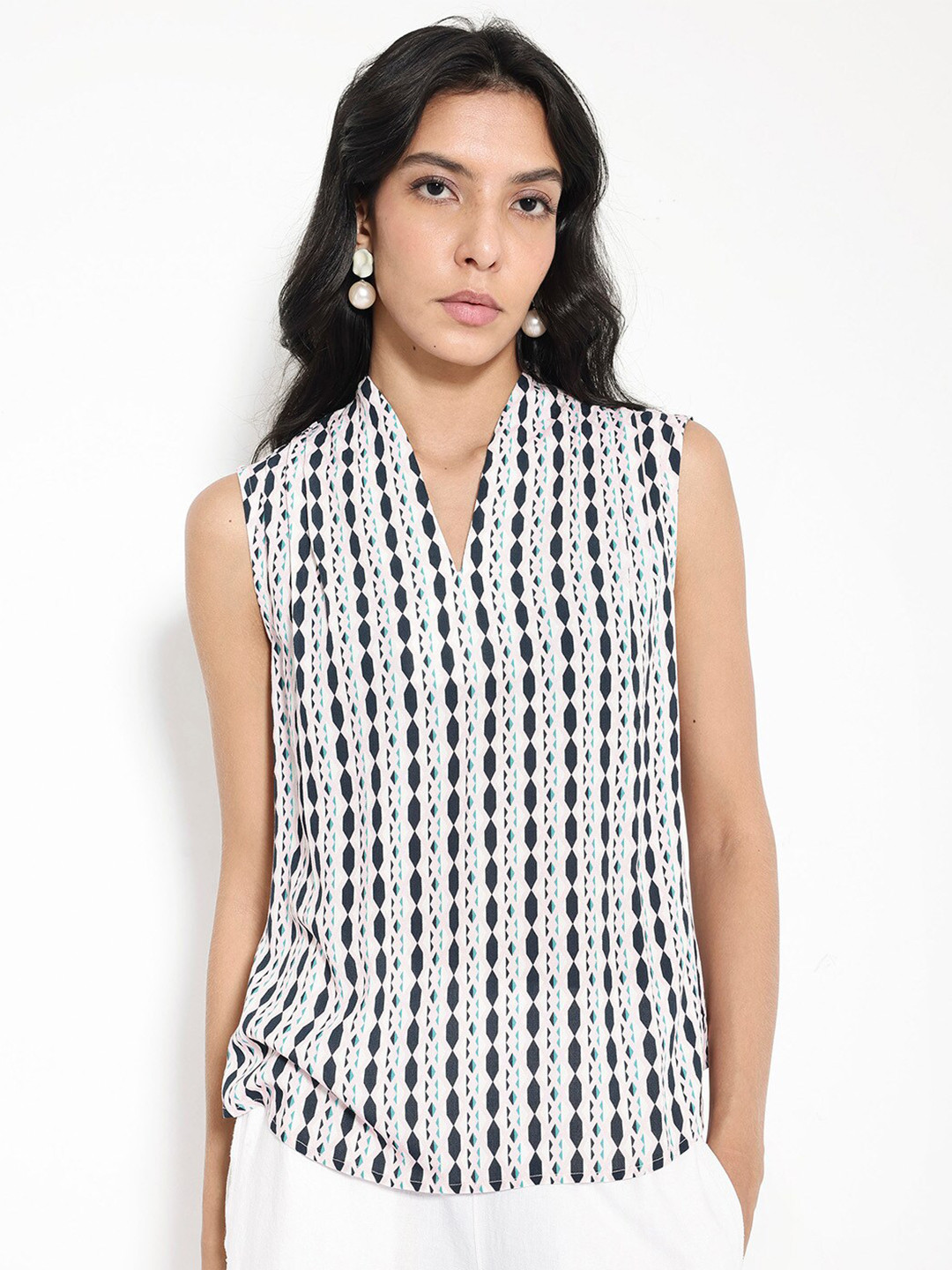 Buy RAREISM Geometric Printed V Neck Cotton Top - Tops for Women ...