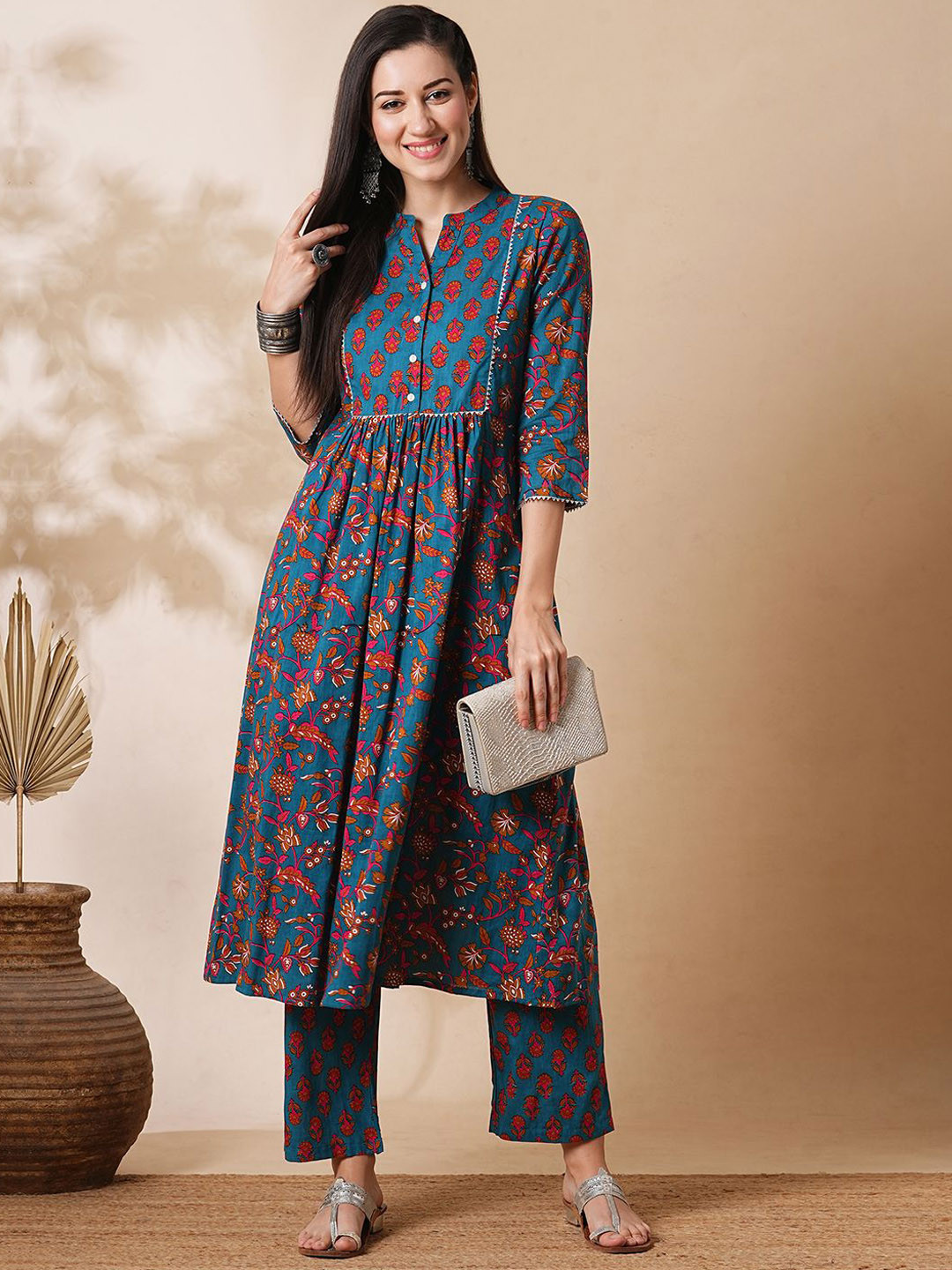 Buy Globus Floral Printed Gotta Lace Gathered A Line Kurta With ...
