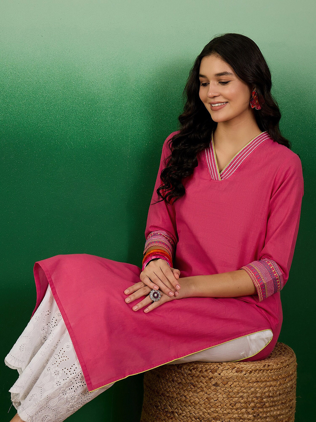 Buy Sangria Pink V Neck Thread Work Pure Cotton Straight Kurta - Kurtas ...