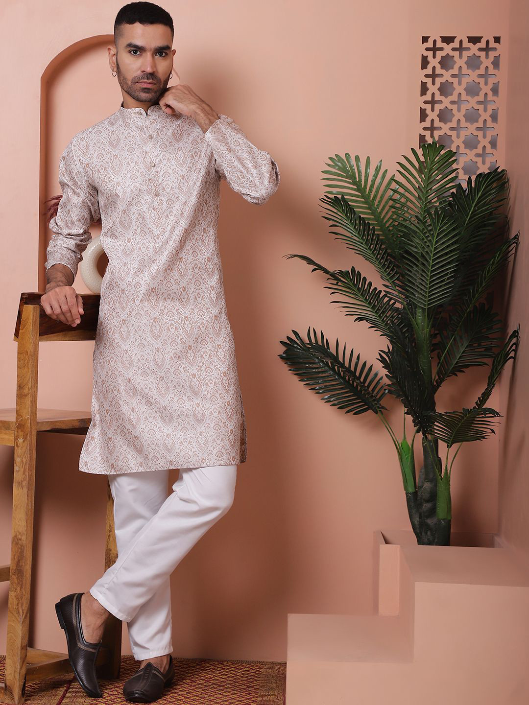 Buy Anouk Brown Ethnic Motifs Woven Design Band Collar Straight Kurta ...