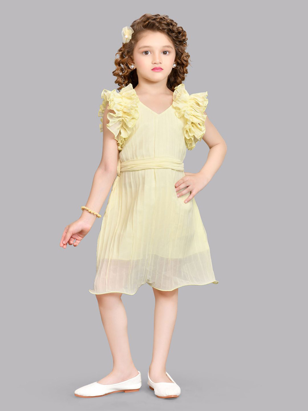 Buy Pink Chick V Neck Flutter Sleeve Ruffled Georgette A Line Dress ...